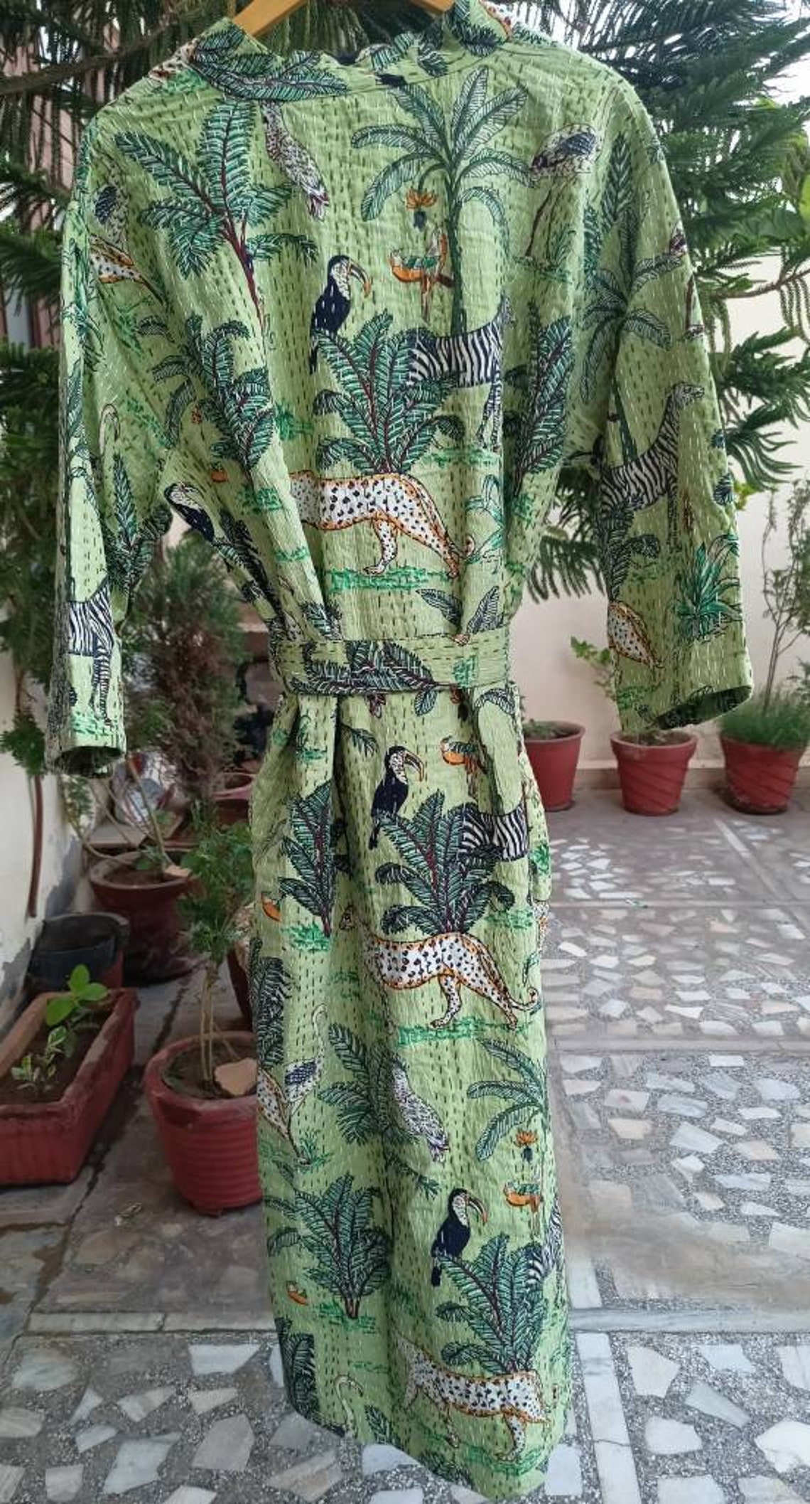 Handmade Cotton Kantha Robe: Indian Floral Forest Print Kimono - Etsy