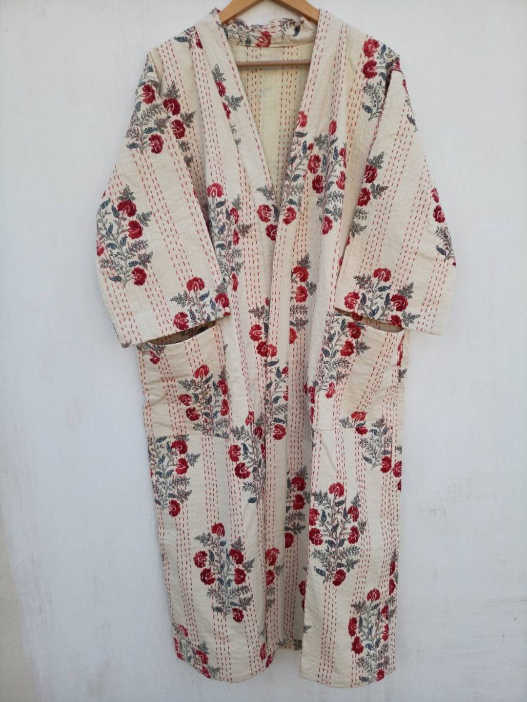 Bath Robe,100% Cotton Indian Handmade Kantha Stitch Mughal Boota Print ...