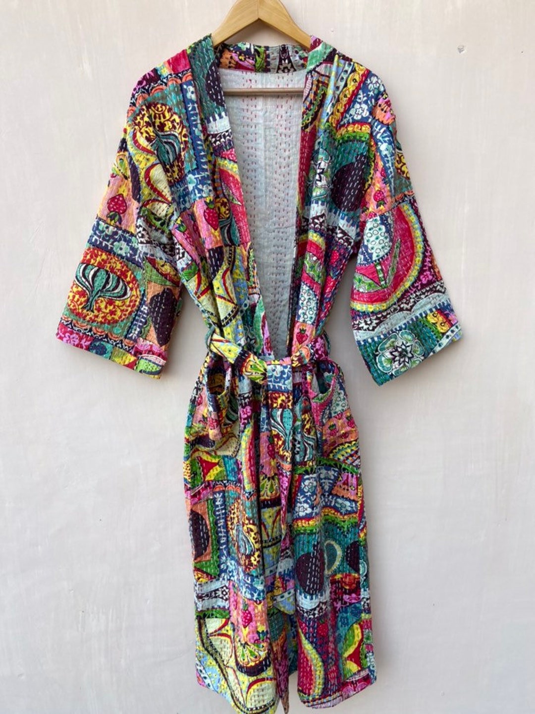 Cotton Robe,pure Cotton Bath Robe,indian Handmade Kantha Stitch Kimono ...