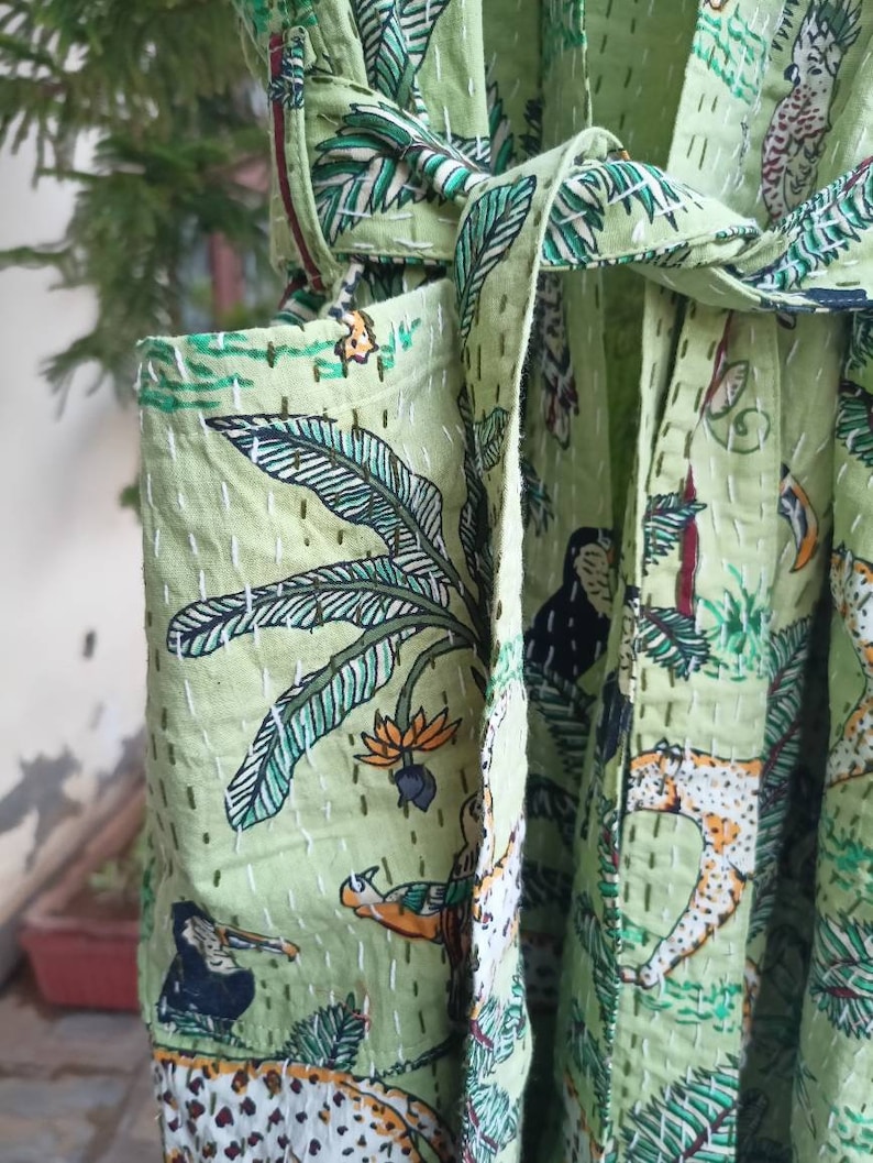 Green Bath Robe100% Cotton Indian Floral and Forest Handmade - Etsy