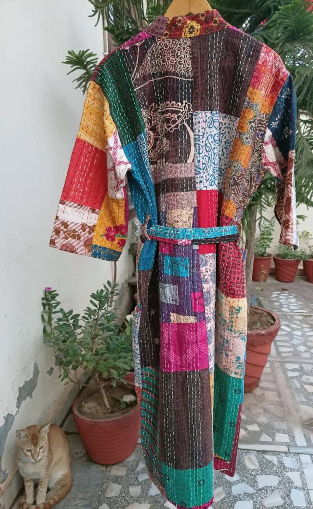 Patchwork Cotton Bath Robe,stone Wash Indian Multi Color Kantha Stitch ...