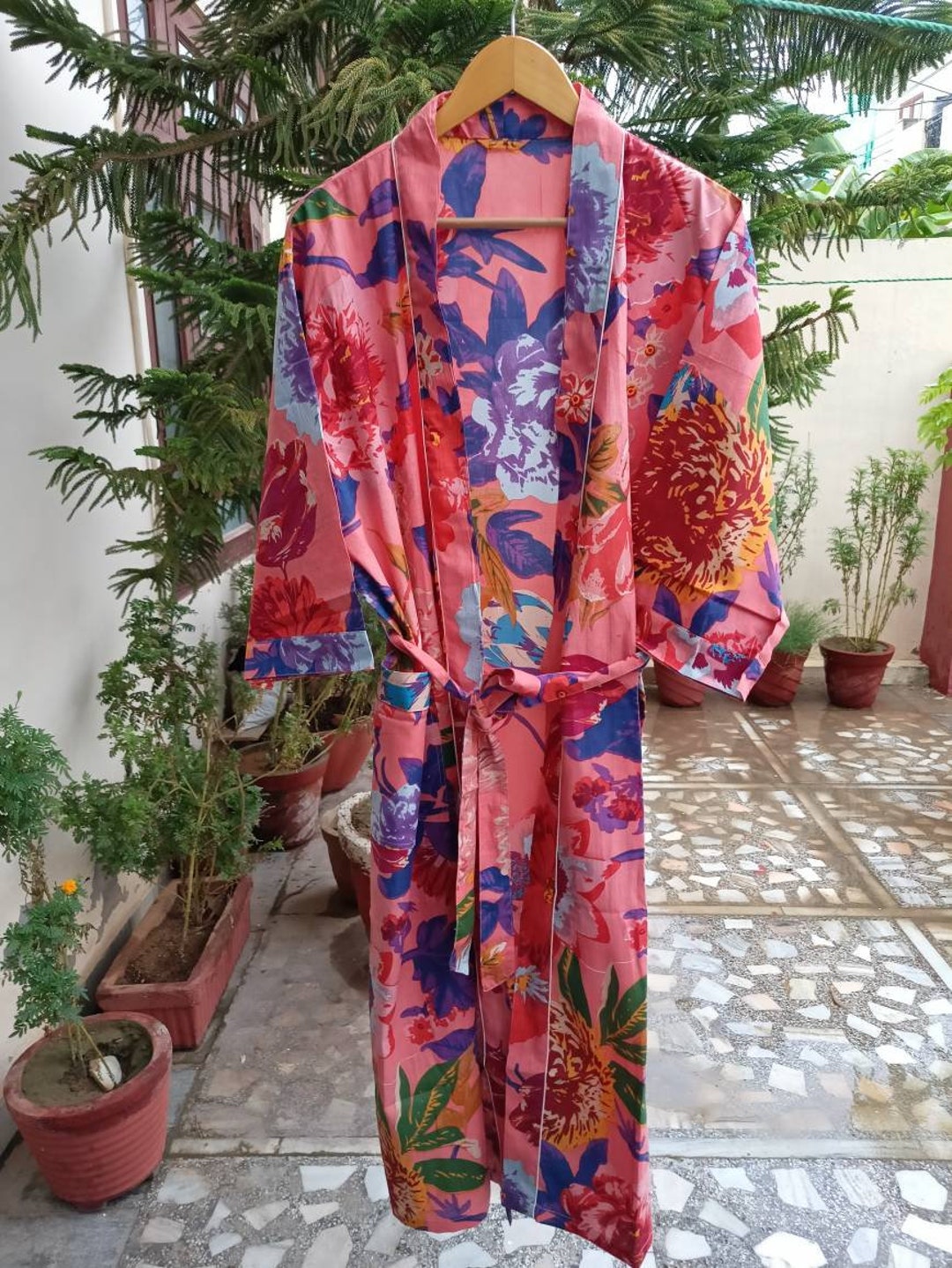 Anthro Style Bath Robe,cotton Robe,kimono Indian Pure Cotton Handblock ...