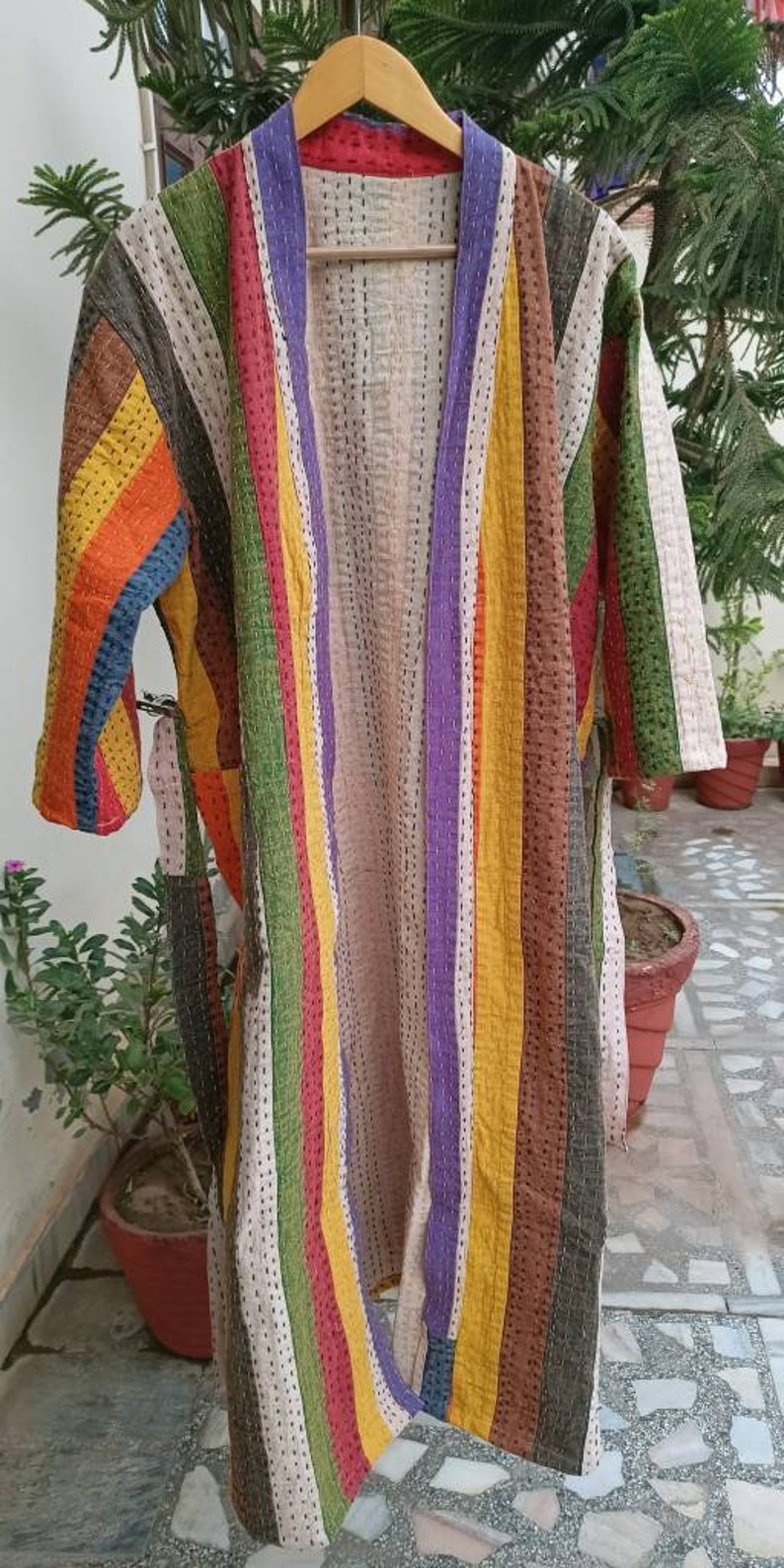 Handmade Cotton Kantha Stitch Robe: Patchwork Kimono, Unisex Free Size ...