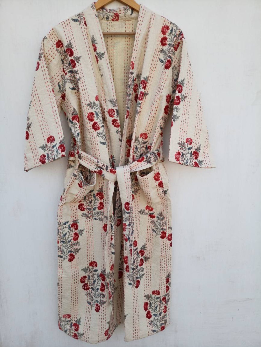 Cotton Bath Robe,100% Cotton Mughal Print Indian Handmade Kantha Stitch ...