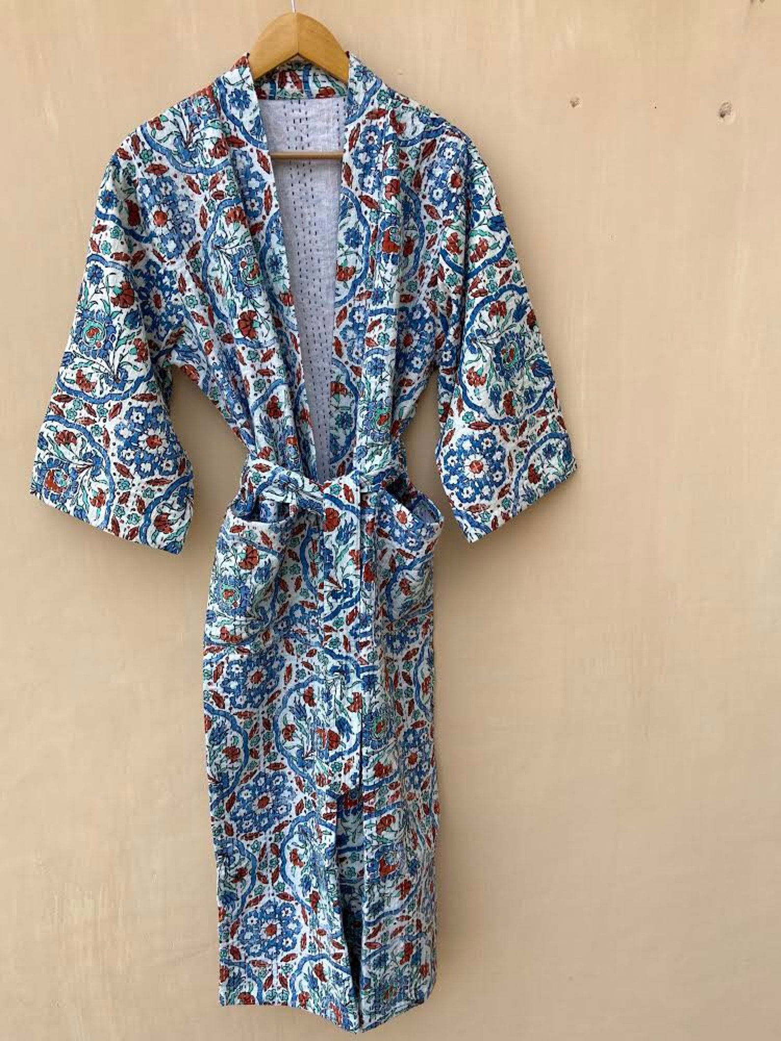 Bath Robe,100% Cotton Indian Handmade Kantha Stitch Robe,cotton Kimono ...