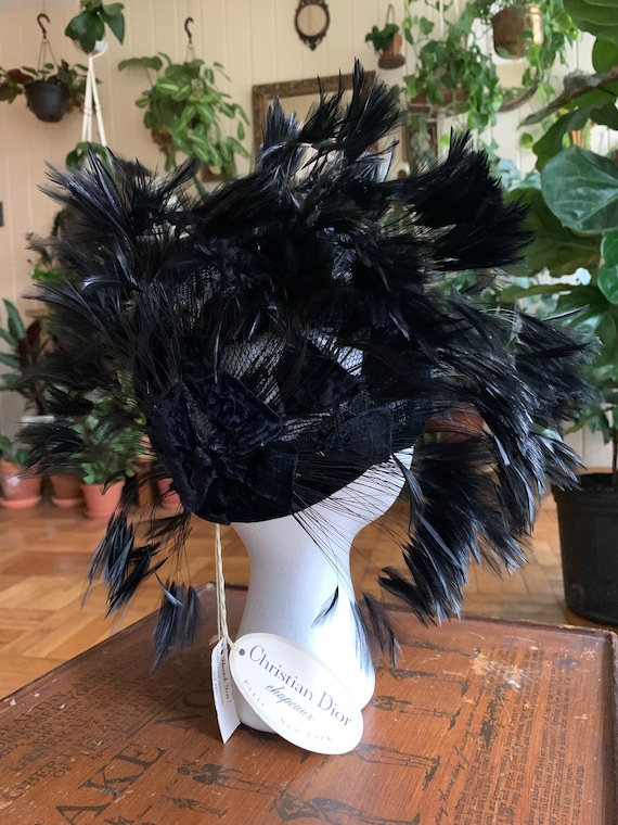 1950s Christian Dior Chapeaux Black Feather Turban Be… - Gem