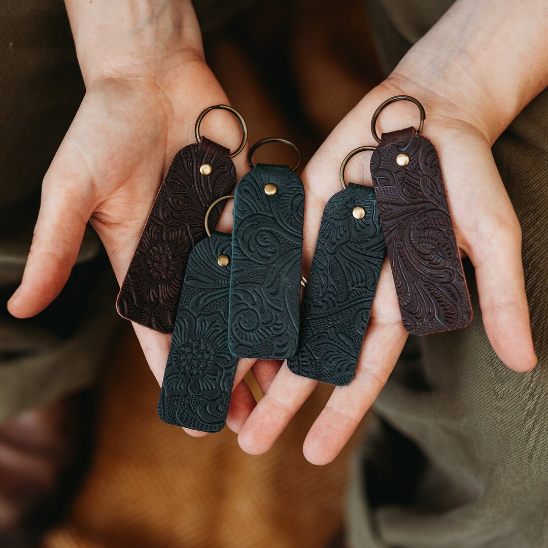 Botanical Leather Keyrings - Key Fobs , Key Chain, Leather Gift, Floral Embossed - Etsy UK
