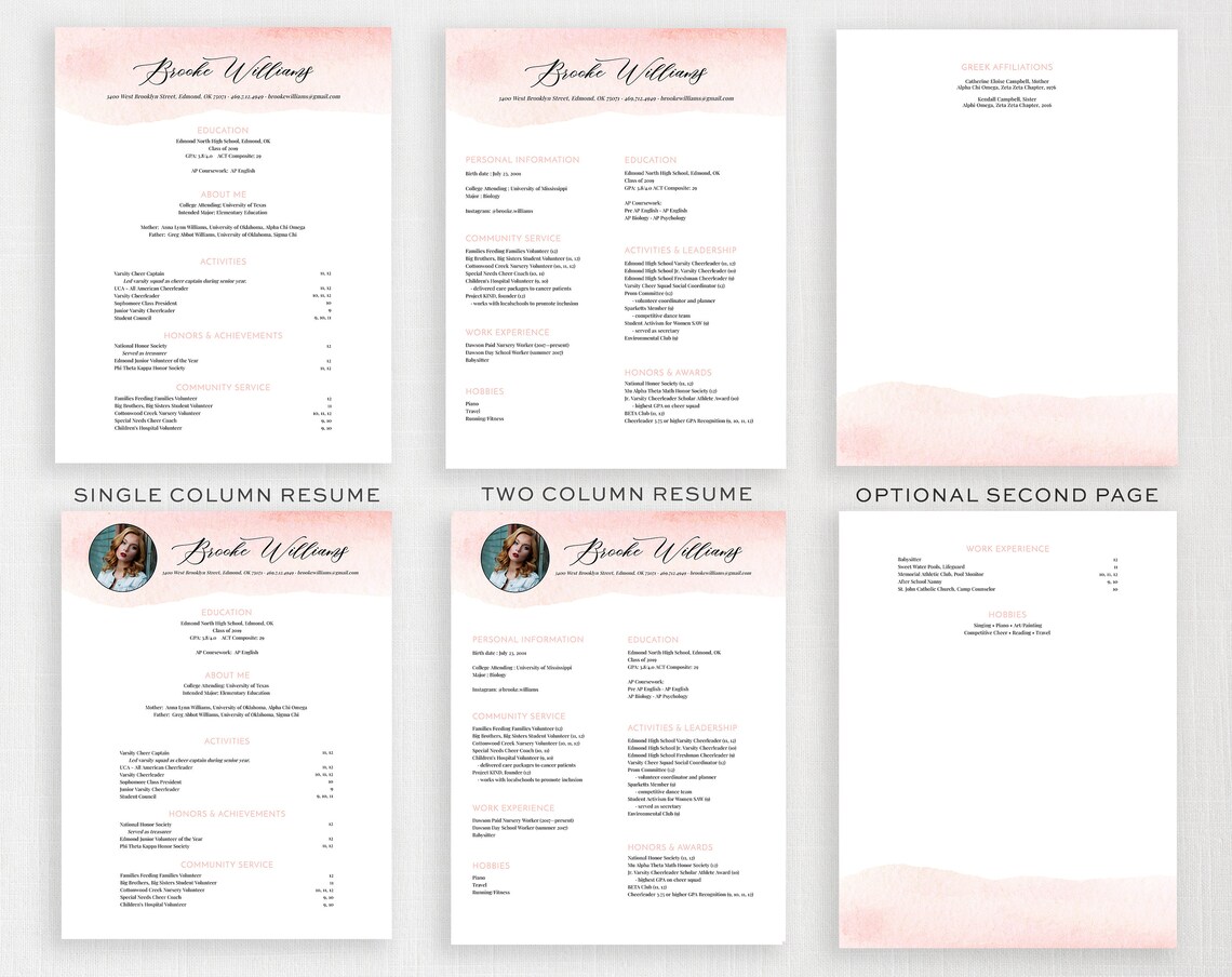 Editable Sorority Packet With Photo Digital Sorority Resume Templates ...