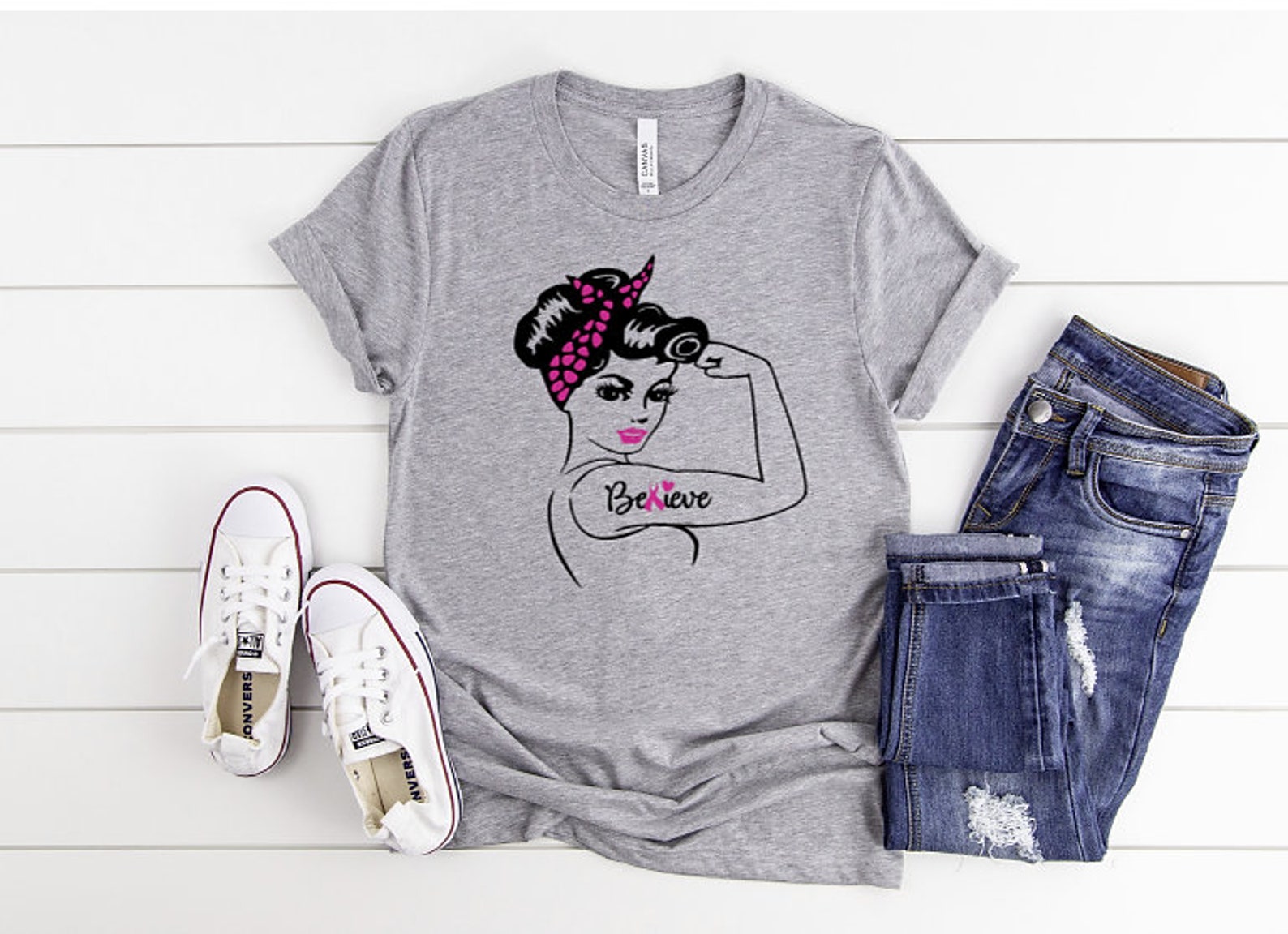 Rosie the riveter T-Shirt Breast Cancer awareness Believe | Etsy