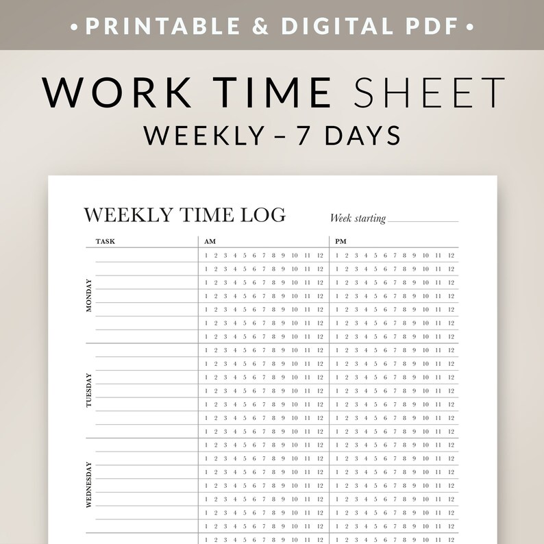 Work Time Sheet Printable Weekly Project Time Tracker 7 Day Hourly Time ...