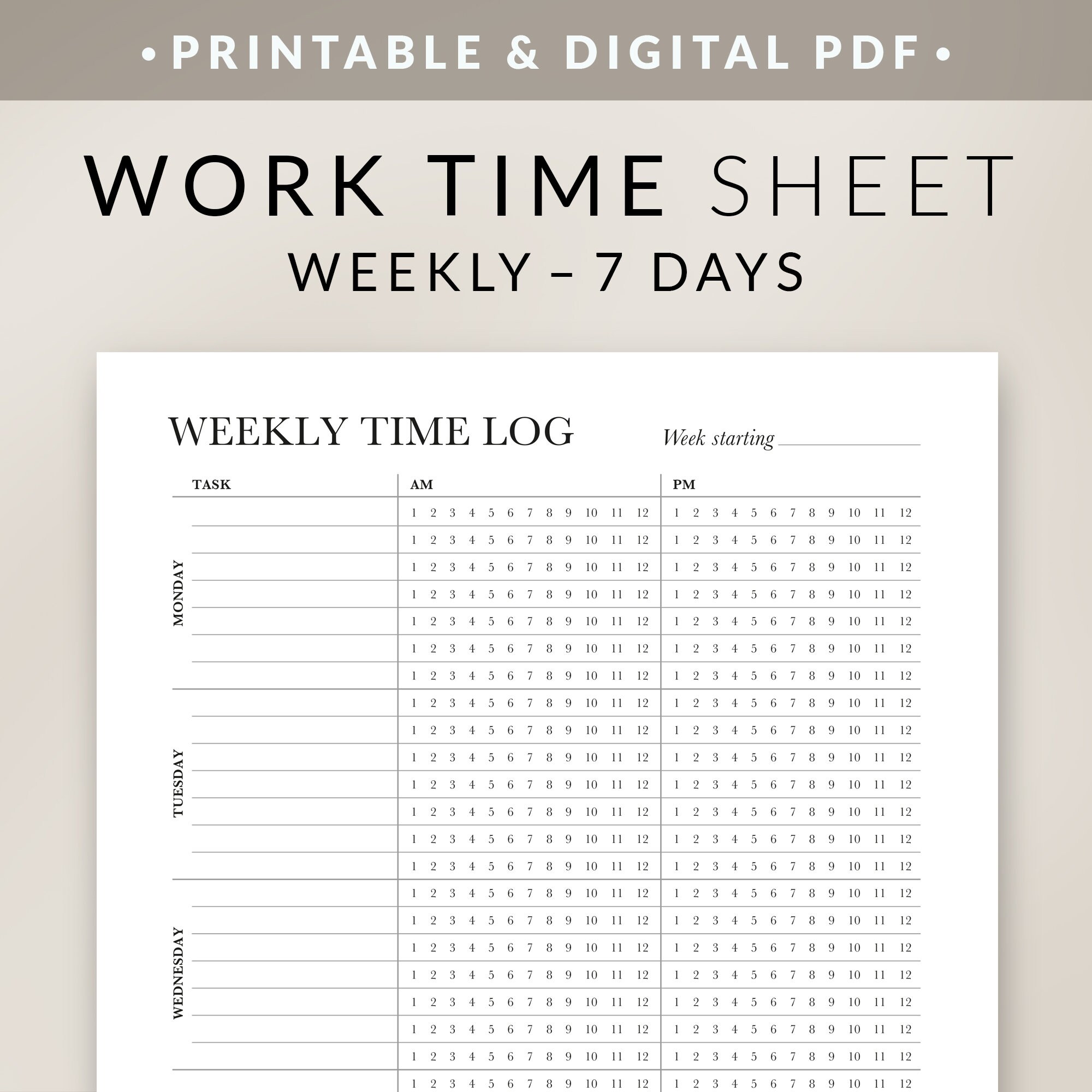 Work Time Sheet Printable Weekly Project Time Tracker 7 Day Hourly Time ...