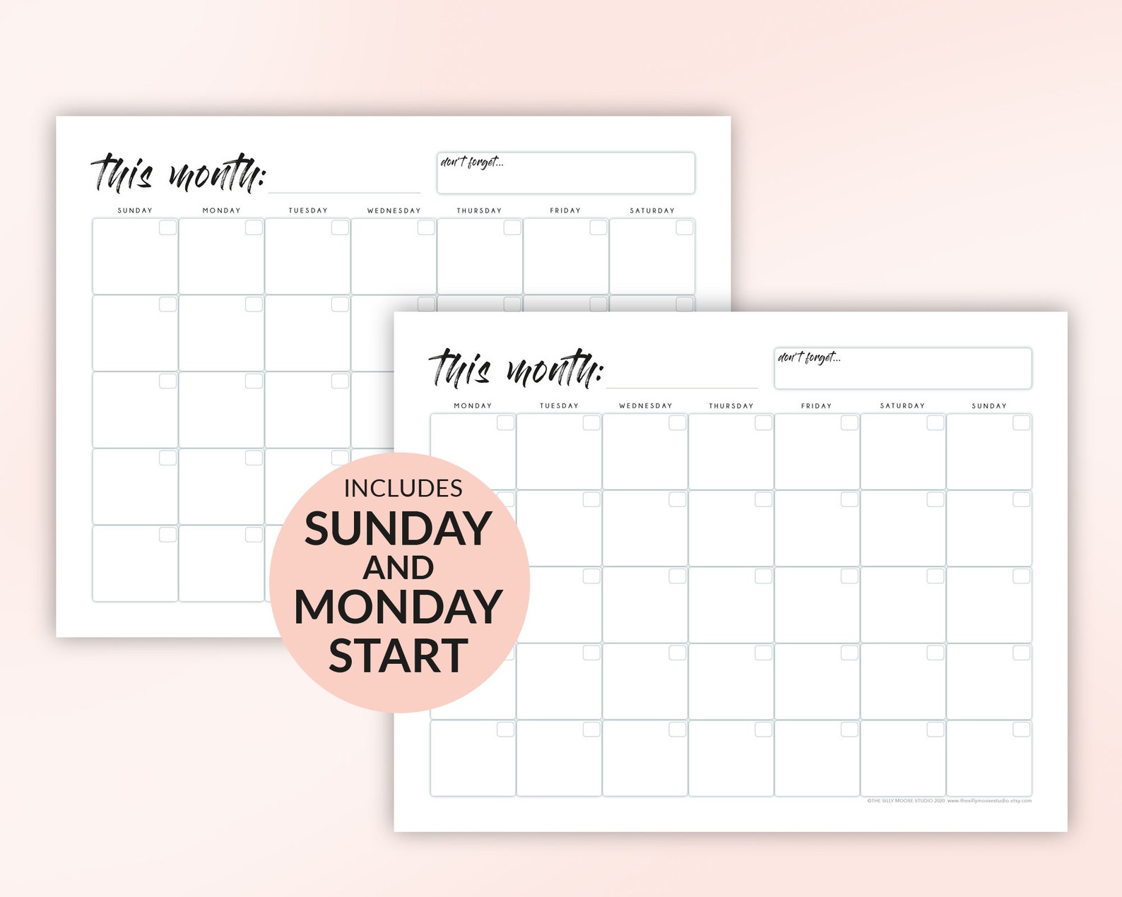 Month at a Glance Printable & Fillable PDF Planner Monday and Sunday ...