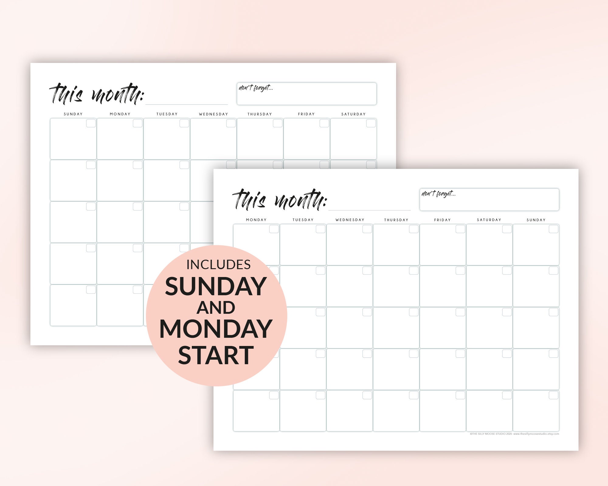 Month at a Glance Printable & Fillable PDF Planner – Monday and Sunday ...