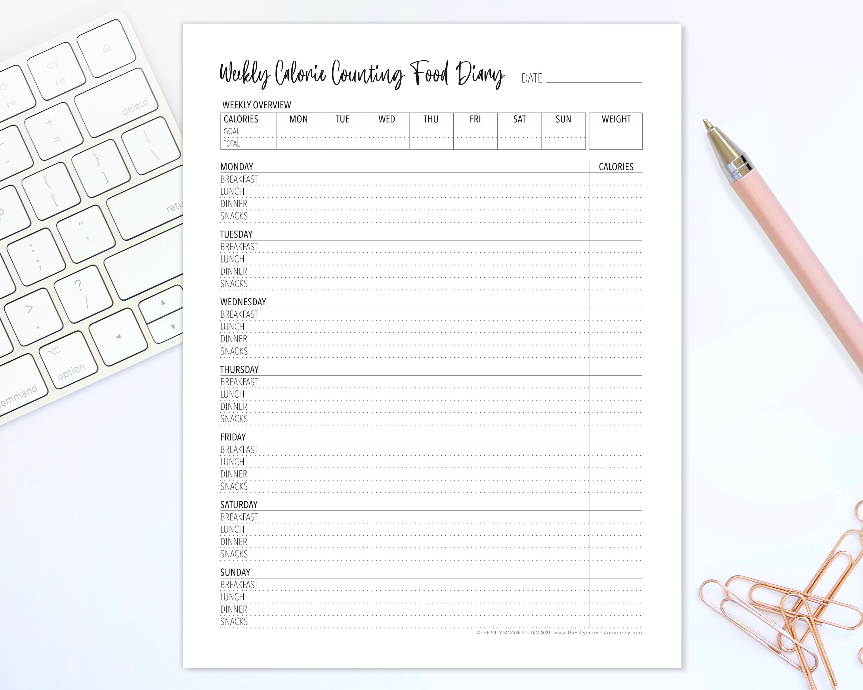 Calorie Counting Food Diary Printable Weekly Weight Loss - Etsy