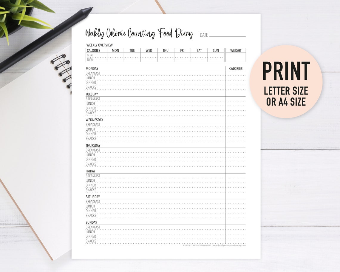 Calorie Counting Food Diary Printable Weekly Weight Loss | Etsy