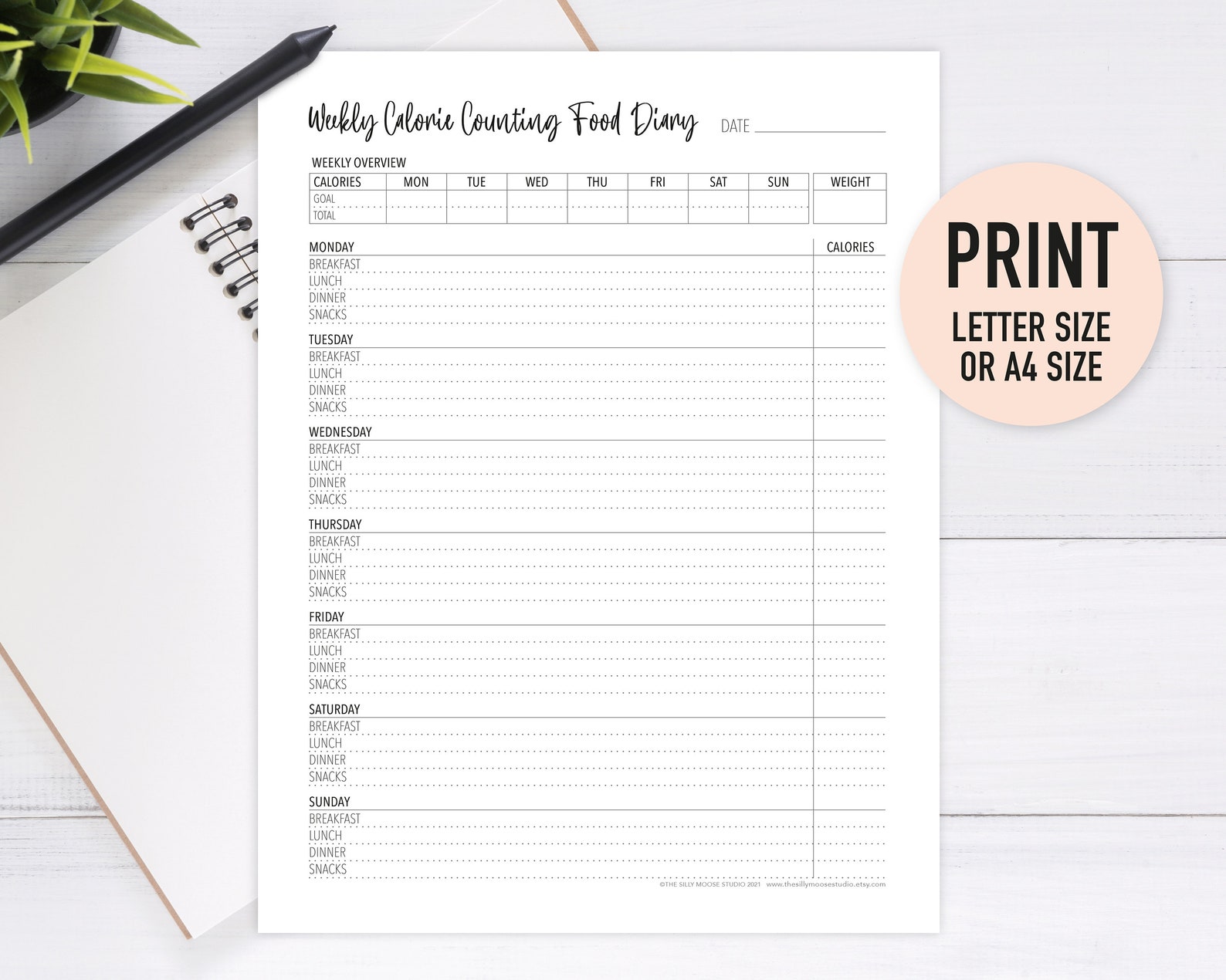 Calorie Counting Food Diary Printable Weekly Weight Loss Journal ...