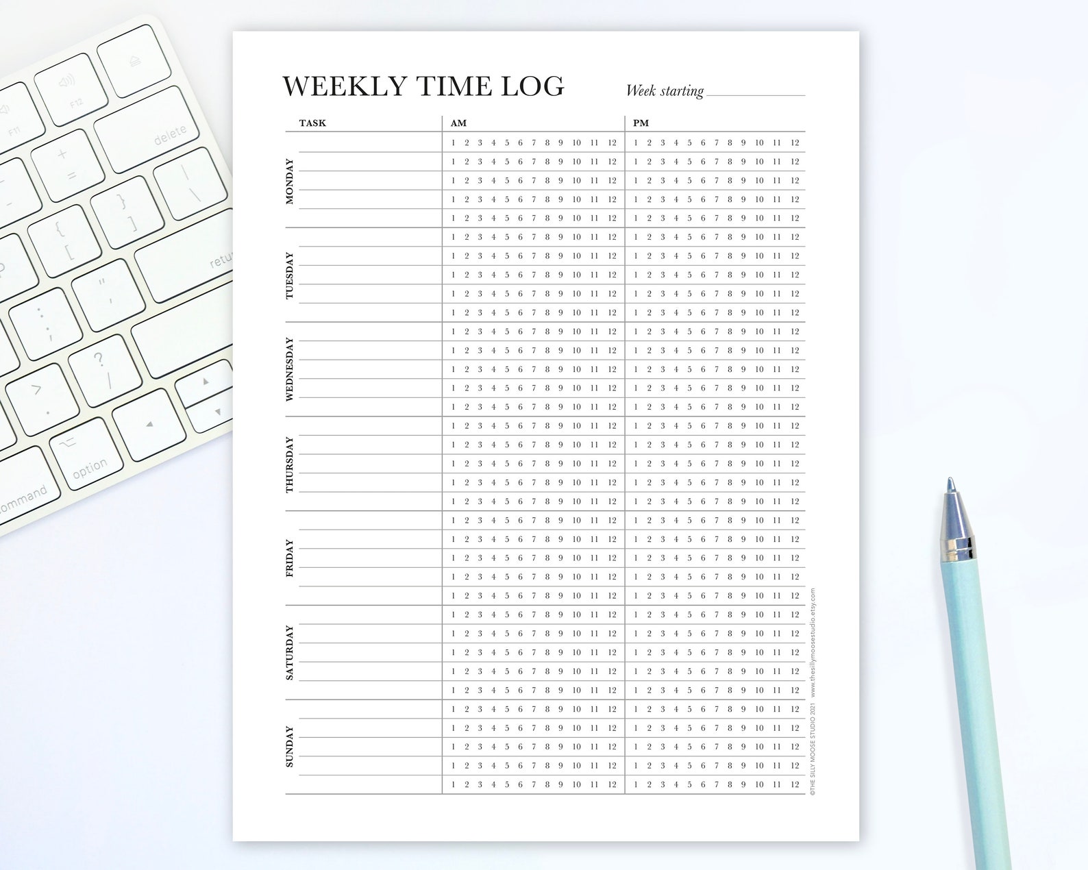Work Time Sheet Printable Weekly Project Time Tracker 7 - Etsy