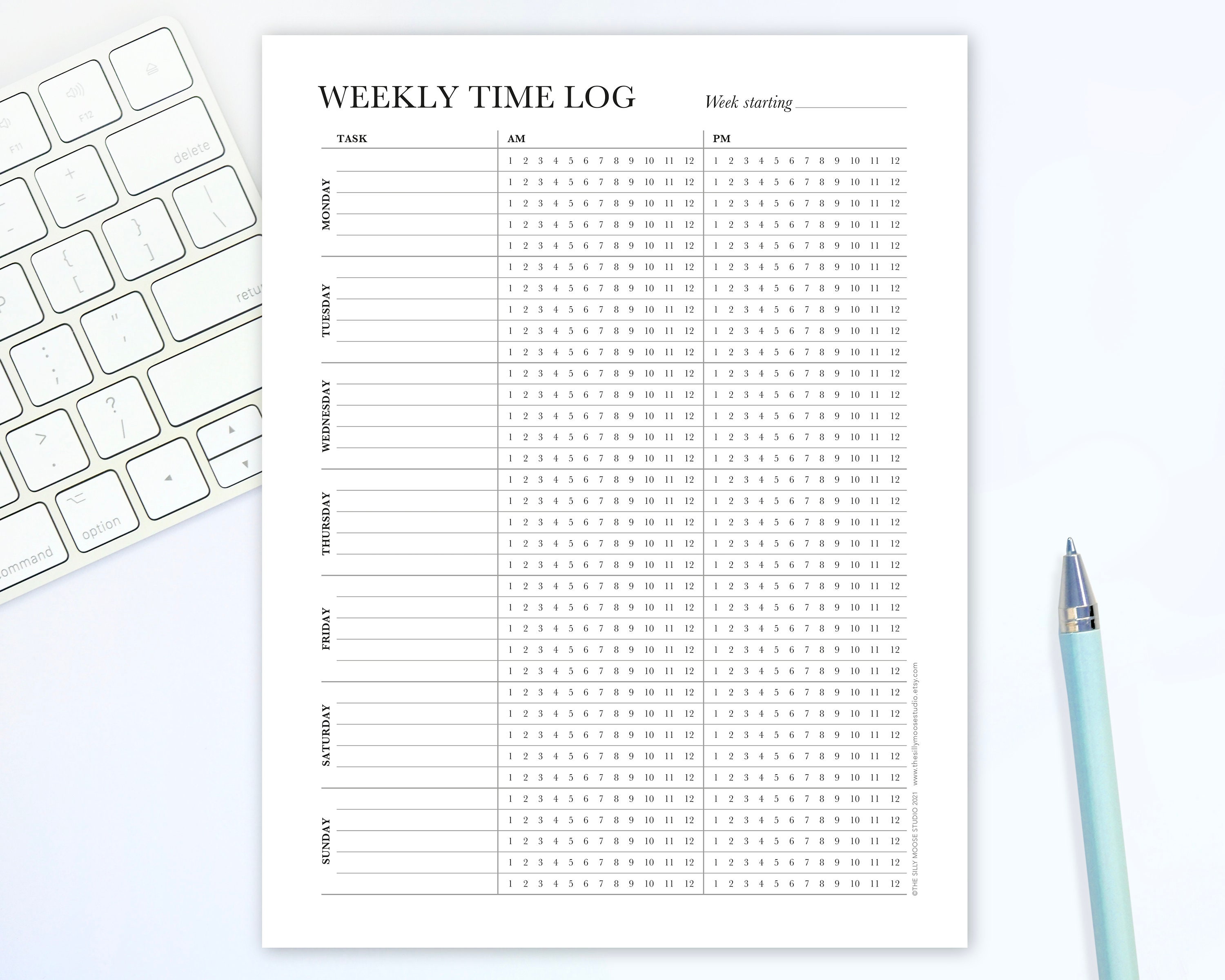 Work Time Sheet Printable Weekly Project Time Tracker 7 - Etsy