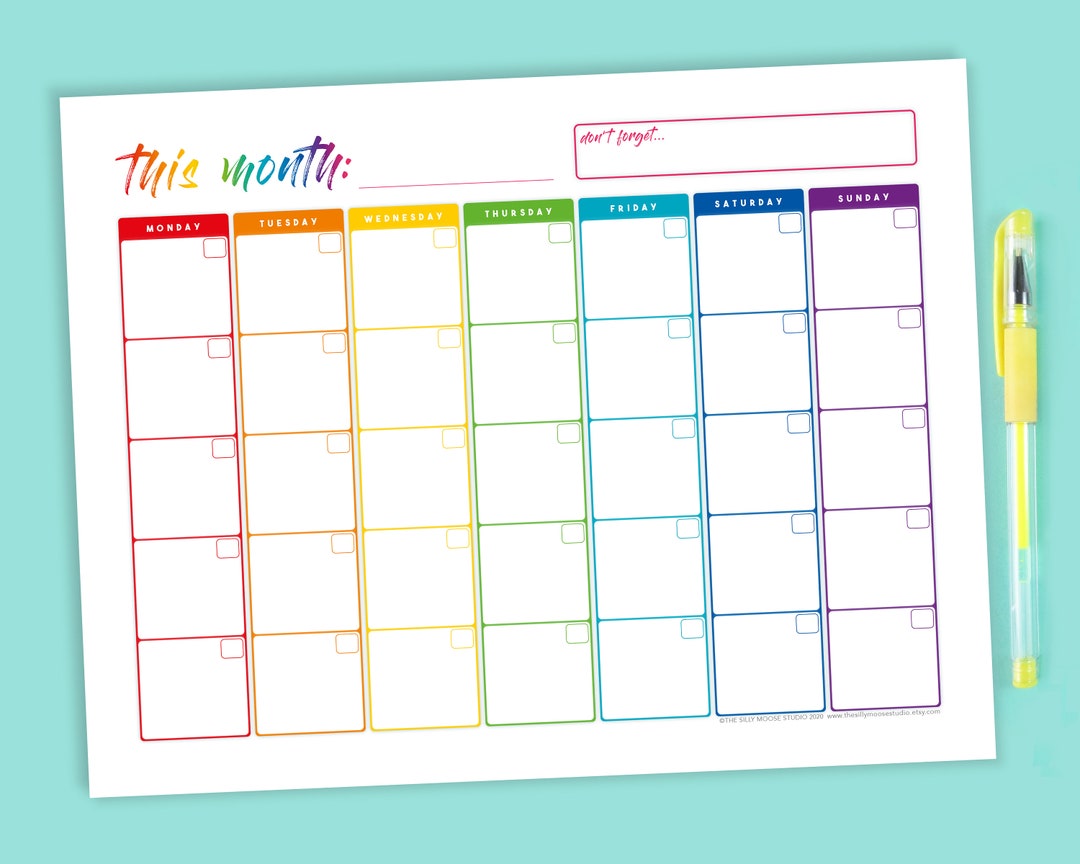 Month at a Glance Planner Printable – Rainbow Monthly Calendar Overview ...