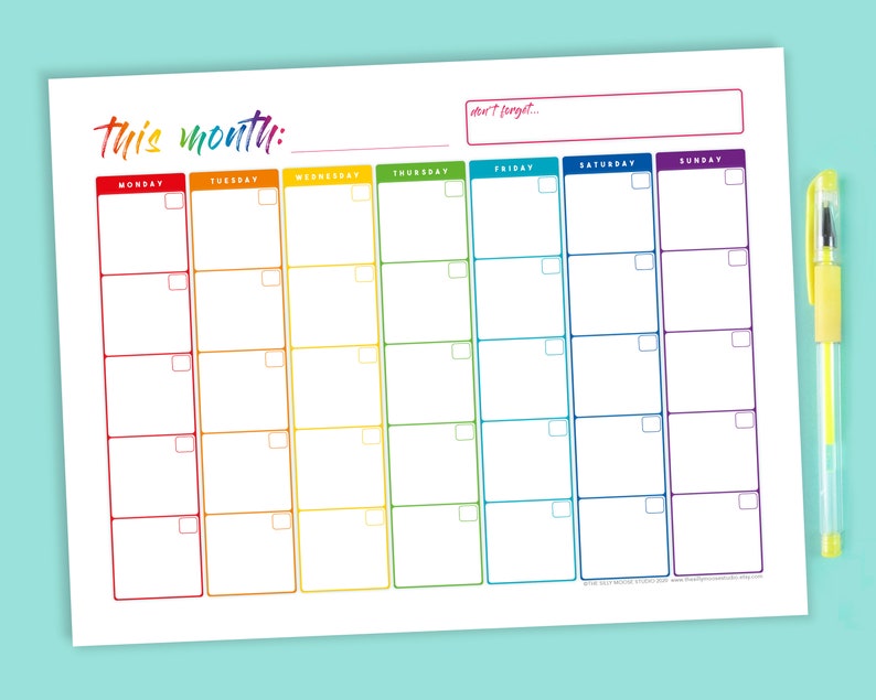 Month at a Glance Planner Printable Rainbow Monthly Calendar - Etsy UK
