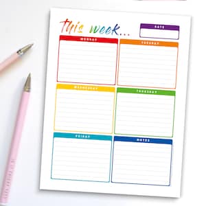 Five Day Weekly Planner Printable – Rainbow Week Days Back to School ...