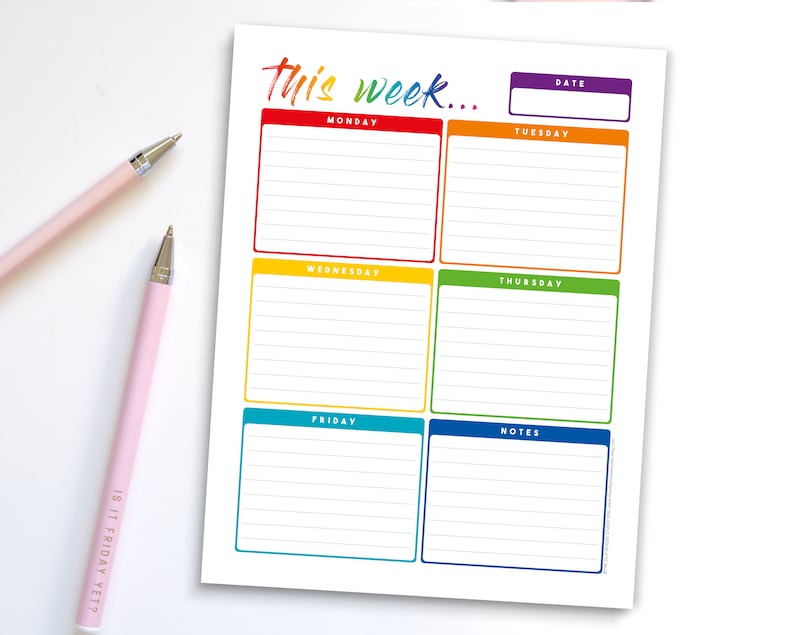 Five Day Weekly Planner Printable Rainbow Week Days Back to | Etsy