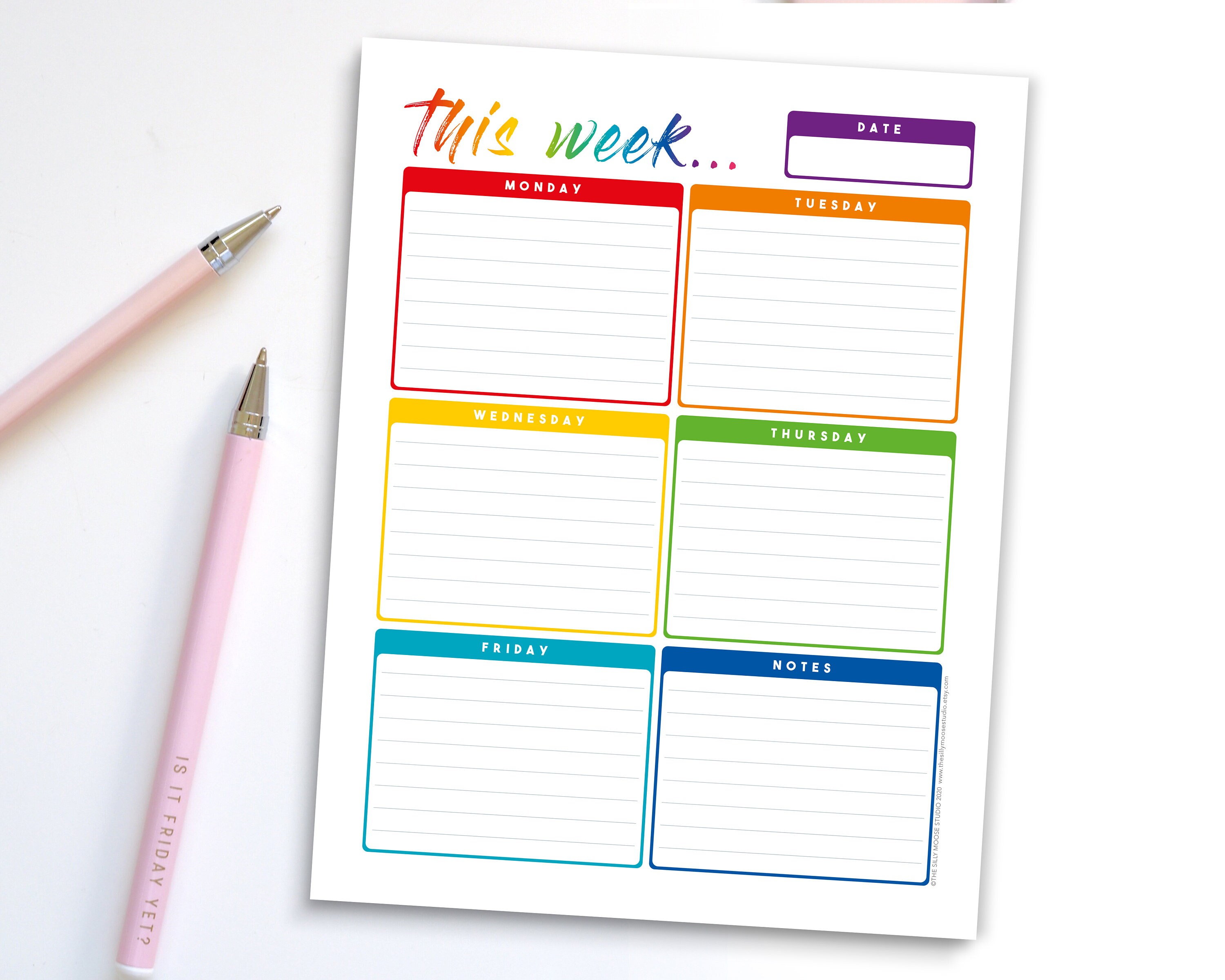 Five Day Weekly Planner Printable Rainbow Week Days Back to | Etsy