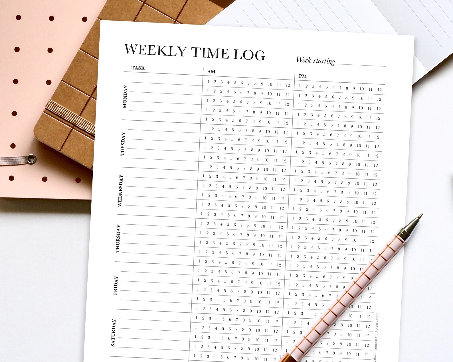 Work Time Sheet Printable Weekly Project Time Tracker 7 Day Hourly Time ...