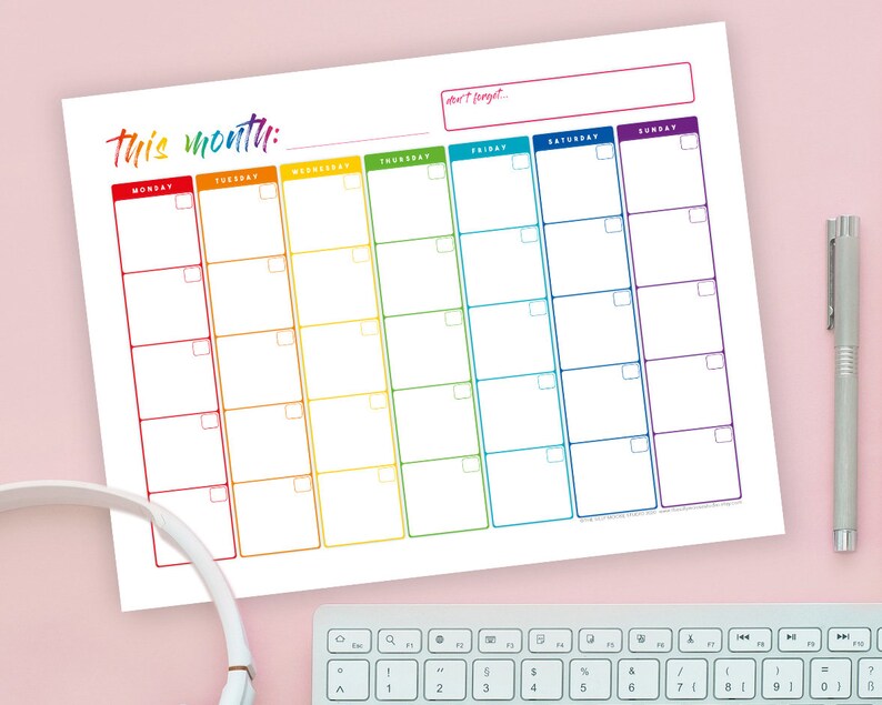 Month at a Glance Planner Printable Rainbow Monthly Calendar Overview ...