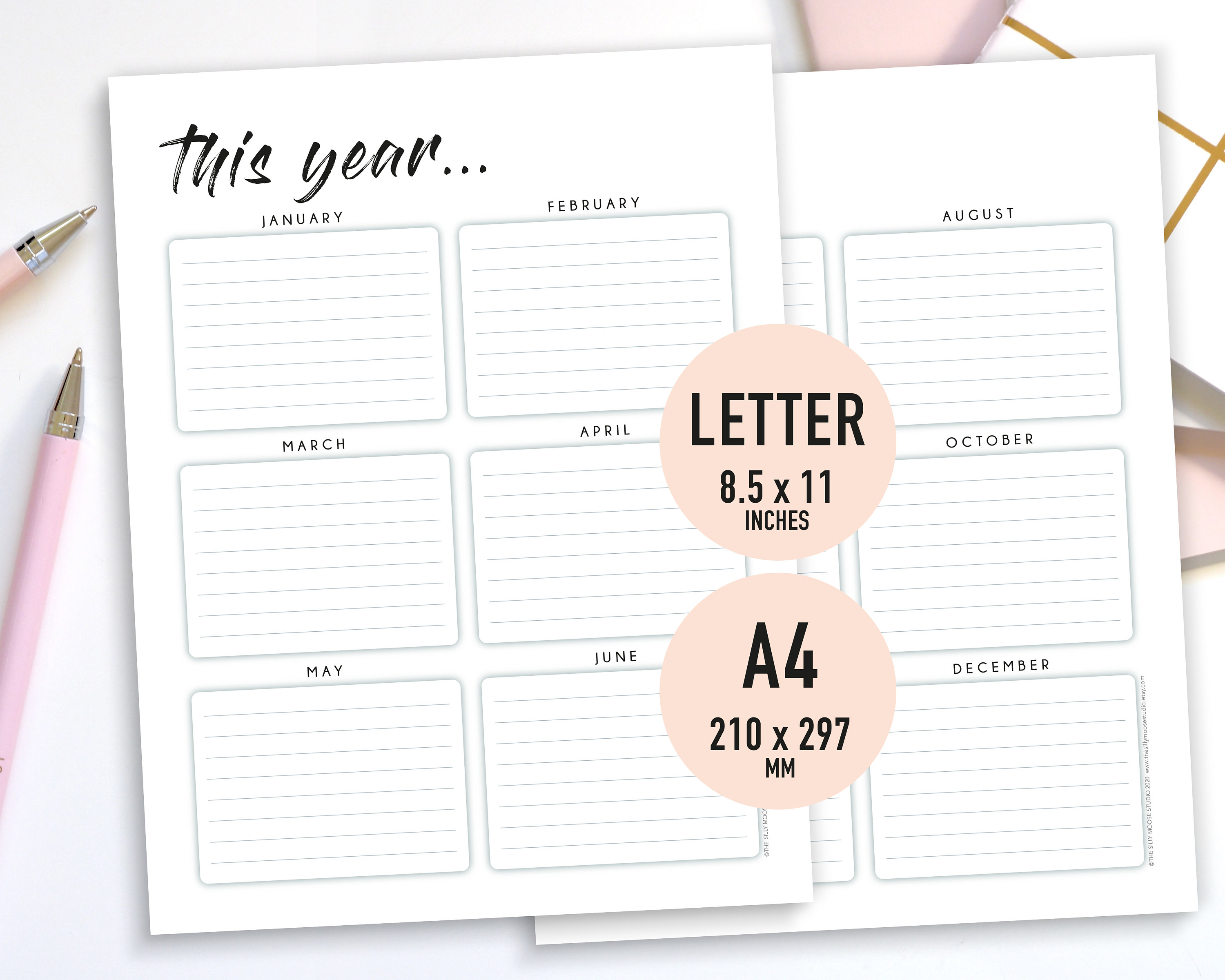 Yearly Planner Printable & Fillable PDF Any Year Calendar 12 Month ...