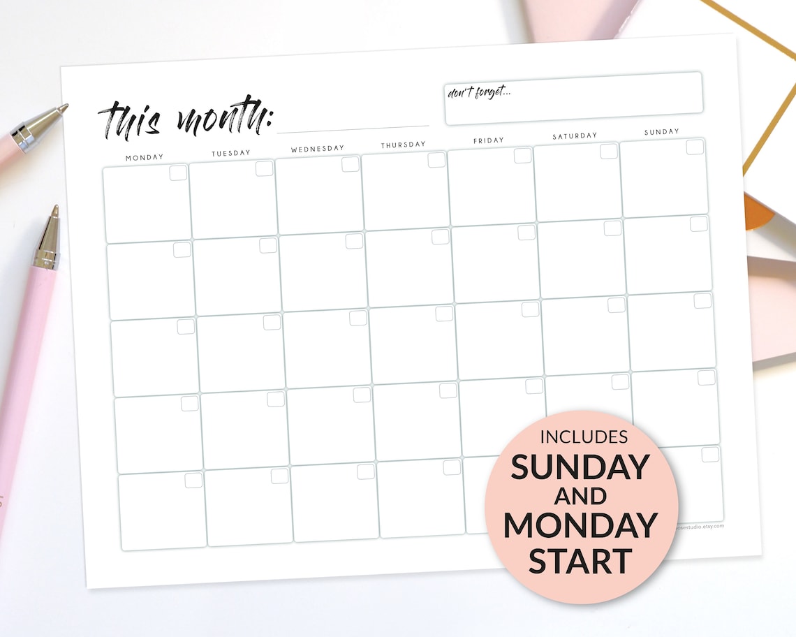 Month at a Glance Printable & Fillable PDF Planner – Monday and Sunday ...