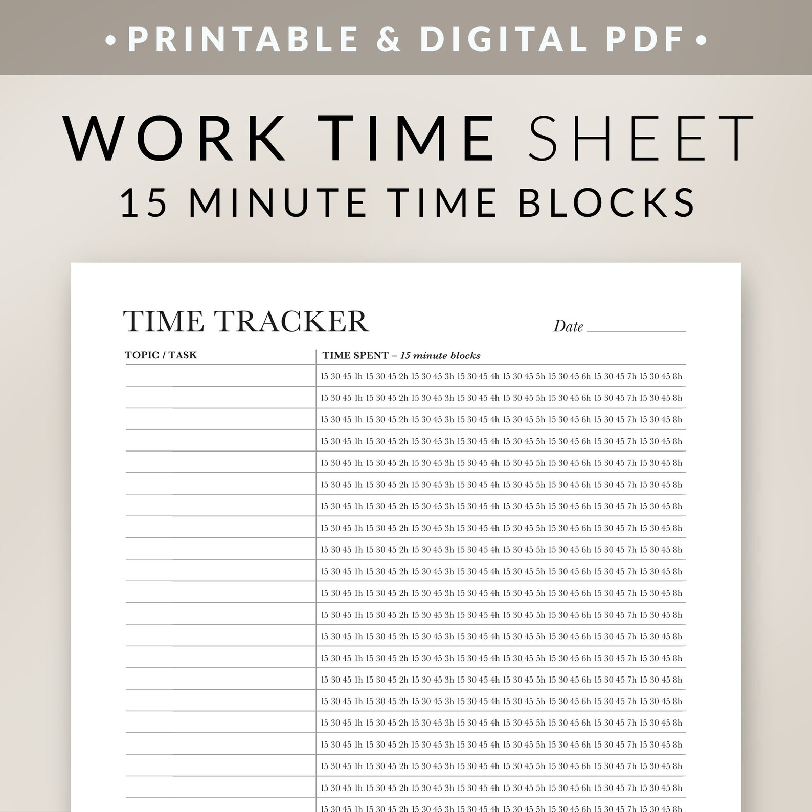 Time Sheet Printable 15 Minute Units – Work Time Tracker – Employee ...