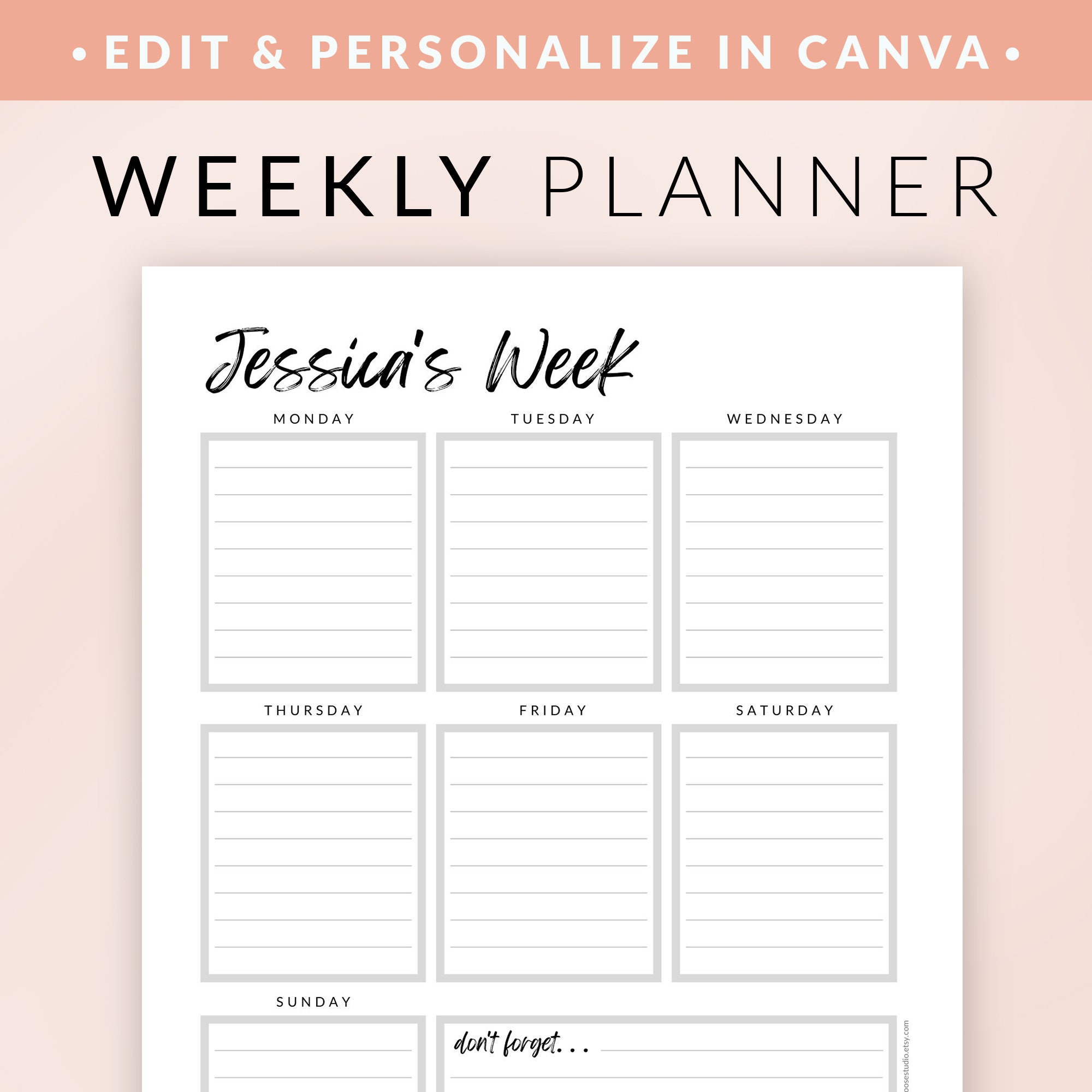 Editable Weekly Planner Printable CANVA Planner Template - Etsy