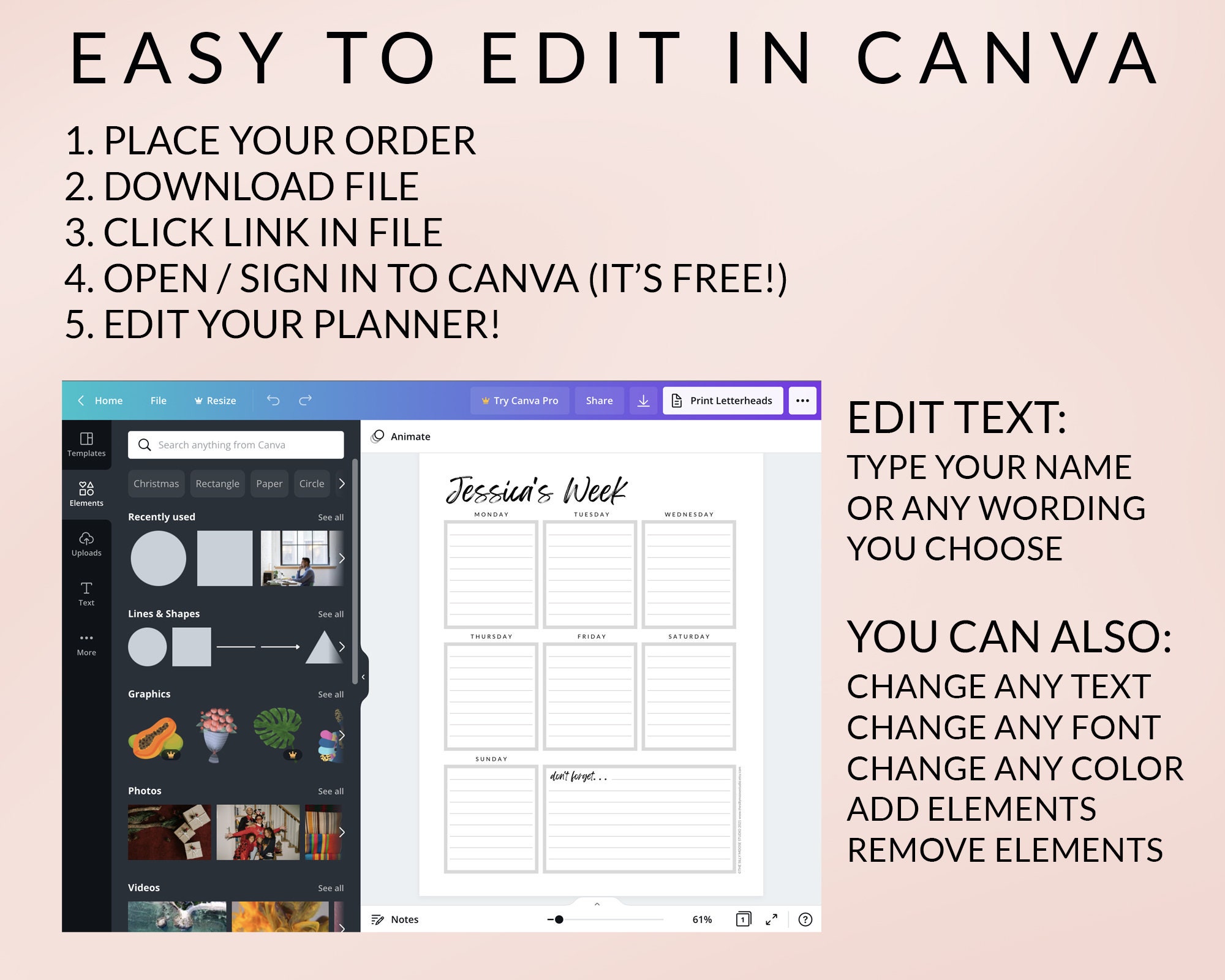 Editable Weekly Planner Printable – CANVA Planner Template ...