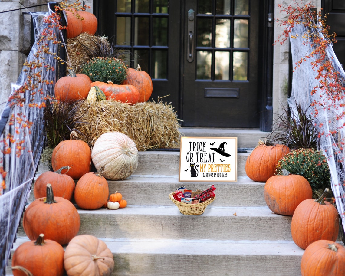 Trick or Treat Sign Printable Witch & Black Cat Social | Etsy