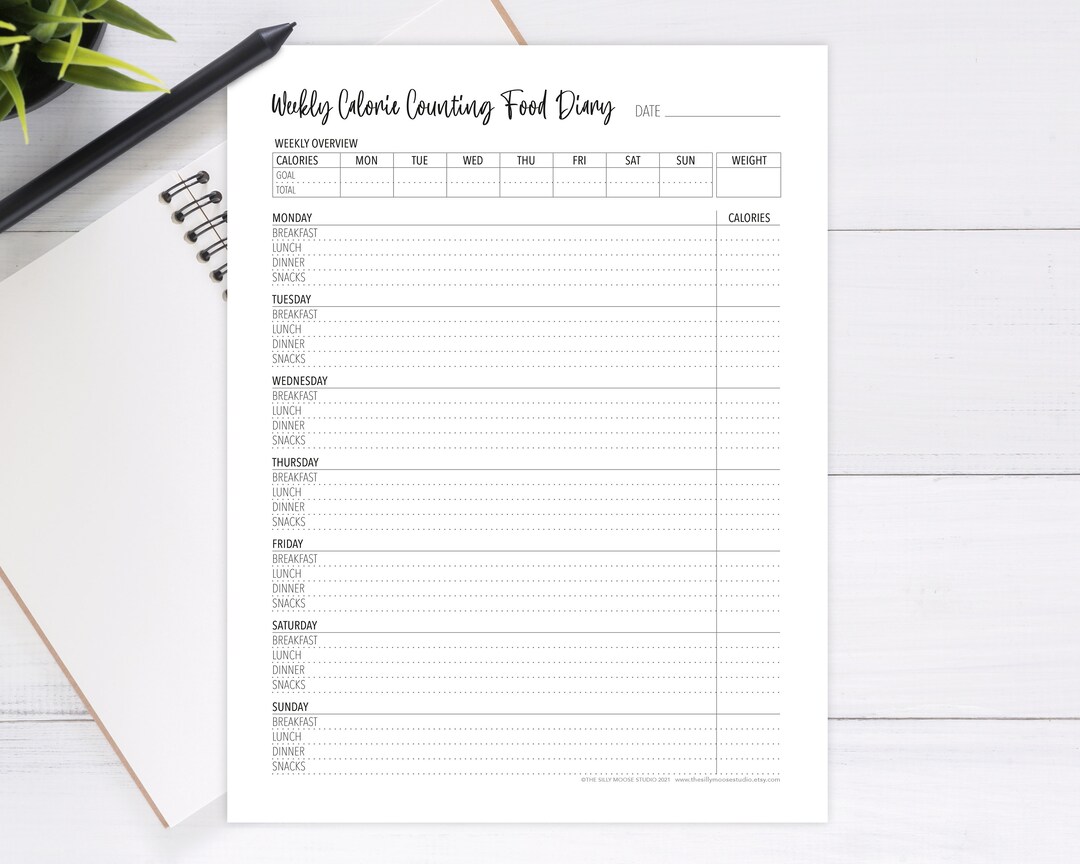 Calorie Counting Food Diary Printable – Weekly Weight Loss Journal ...