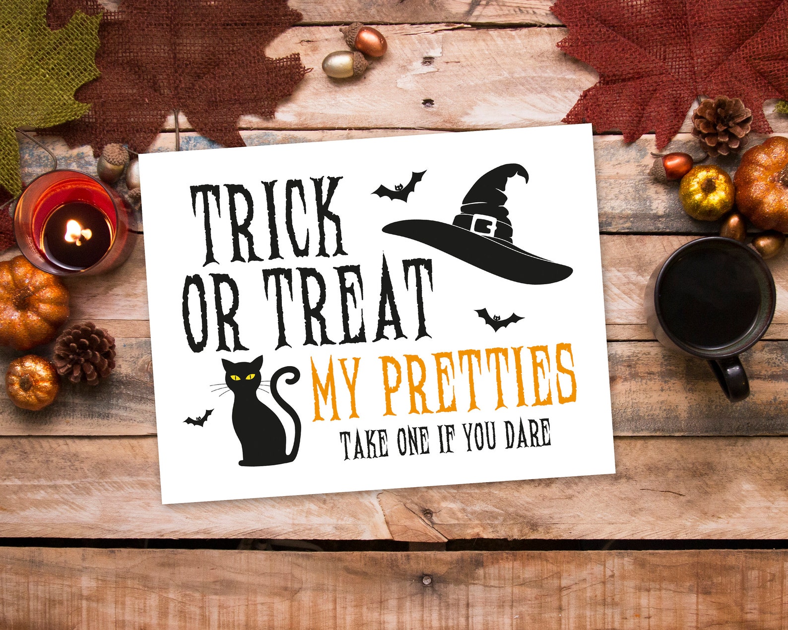 Trick or Treat Sign Printable Witch & Black Cat Social | Etsy