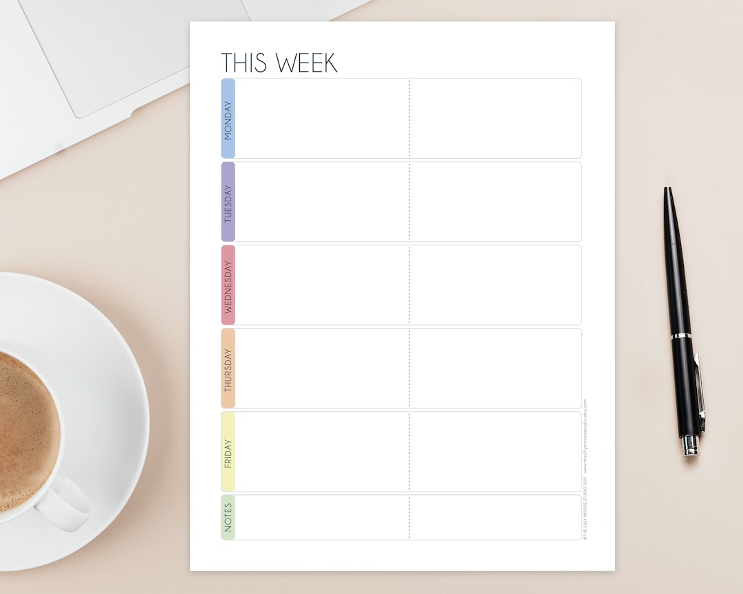 Weekly Planner Printable – Five Day School Week / Working Week Template ...