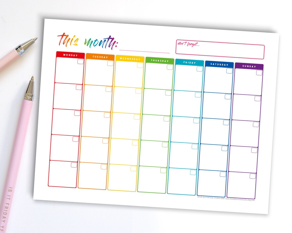 Month at a Glance Planner Printable Rainbow Monthly Calendar - Etsy