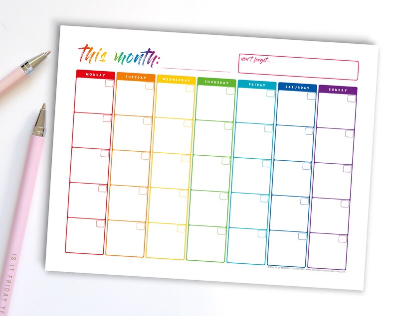 Month at a Glance Planner Printable Rainbow Monthly Calendar Overview ...