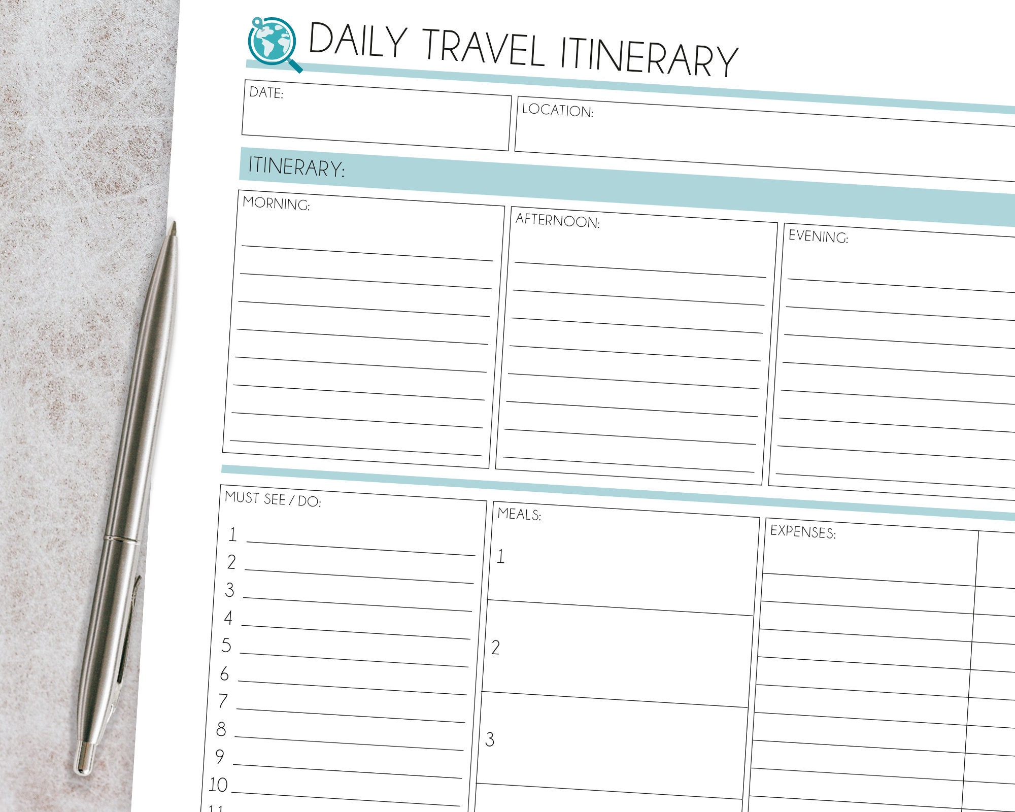Daily Travel Itinerary Template Fillable, Printable & Digital PDF ...