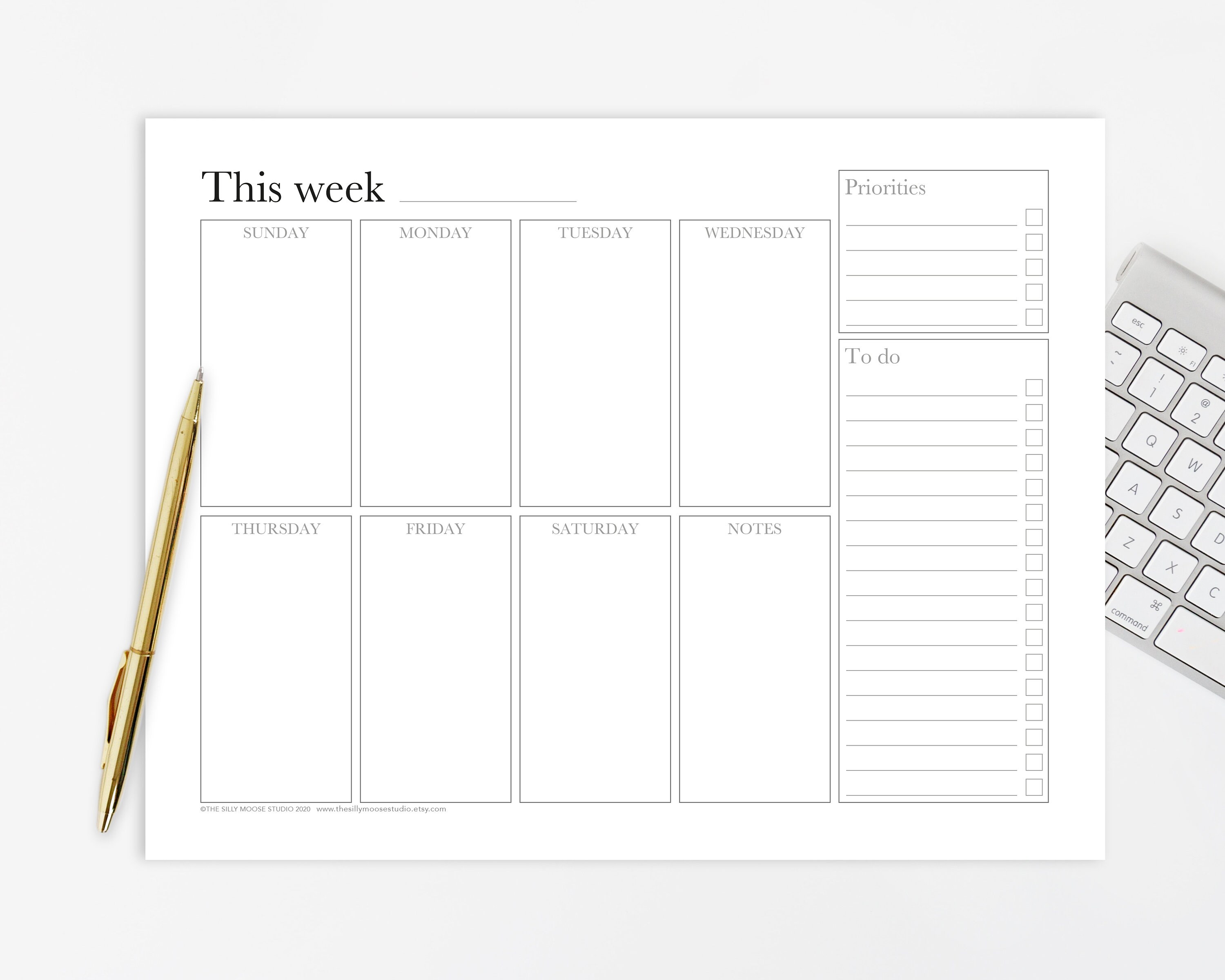 Weekly Planner Printable Sunday Start Landscape Horizontal | Etsy