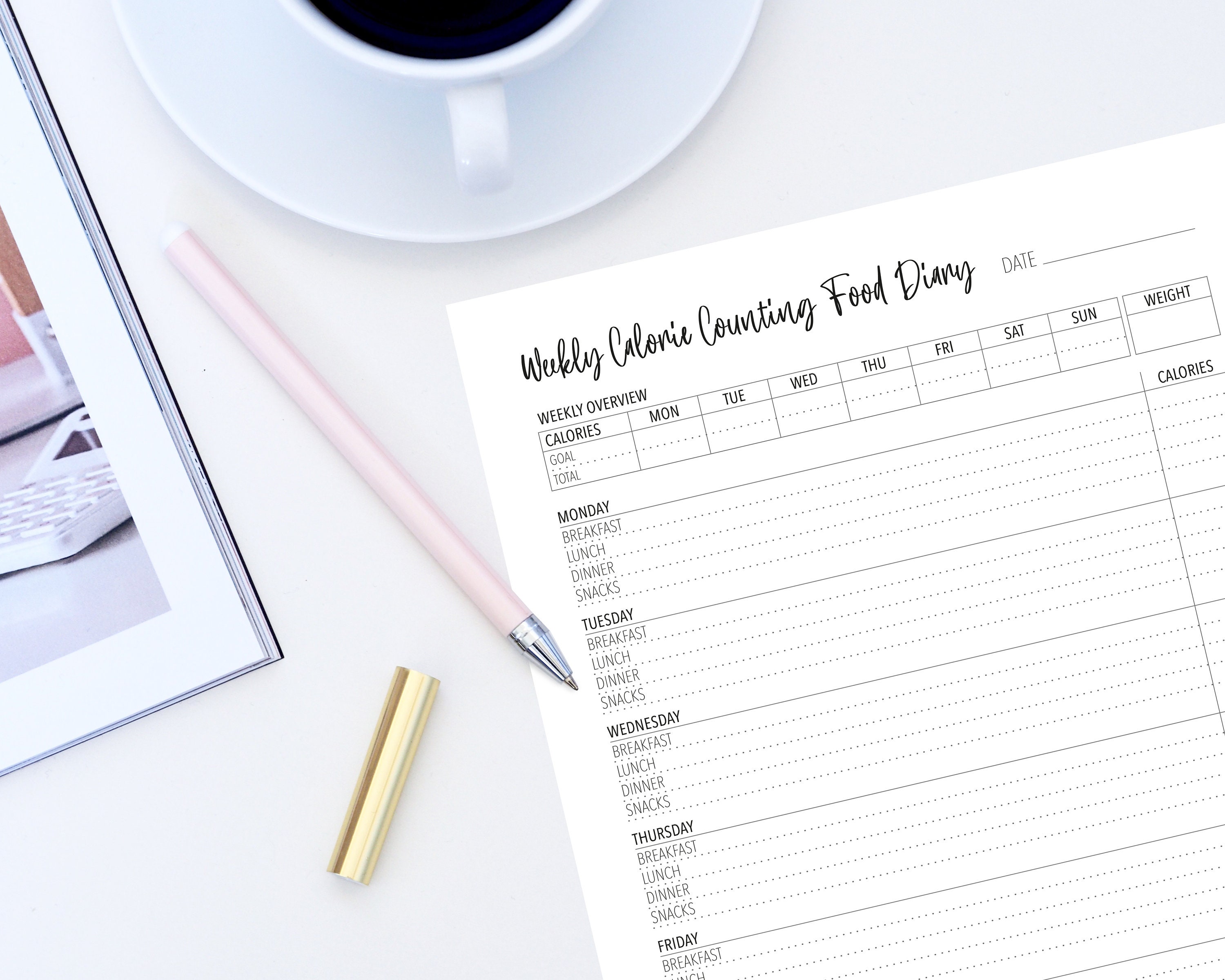 Calorie Counting Food Diary Printable Weekly Weight Loss Journal ...