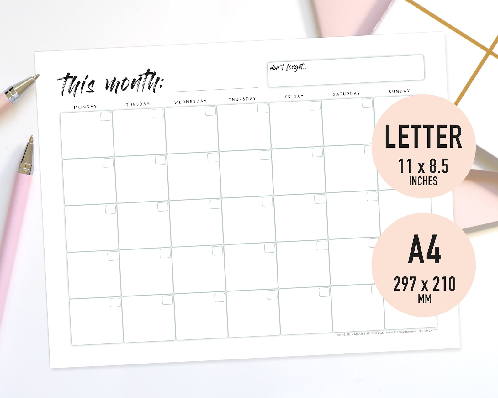 Month at a Glance Printable & Fillable PDF Planner Monday and Sunday ...