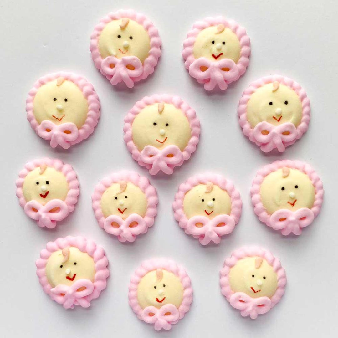 Pink Bonnet Royal Icing Baby Faces: Edible Cake Decorations (12 Pieces ...