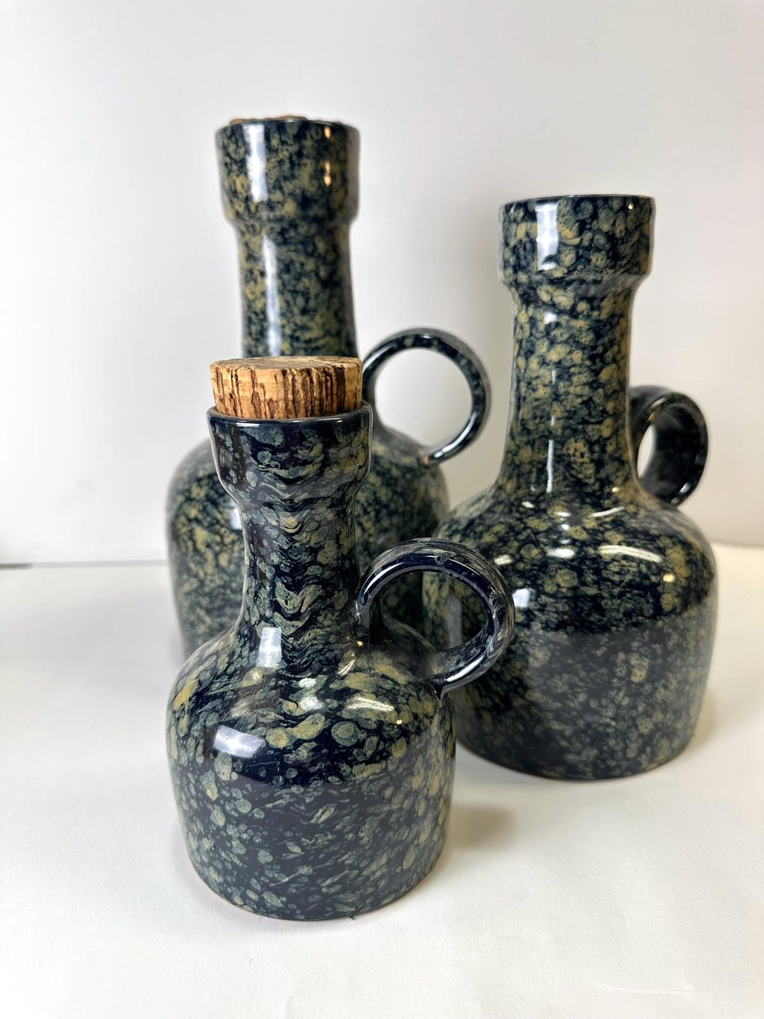 Set of Three Bitossi Blue and Green Sponge Glazed Jugs With Cork Lids ...
