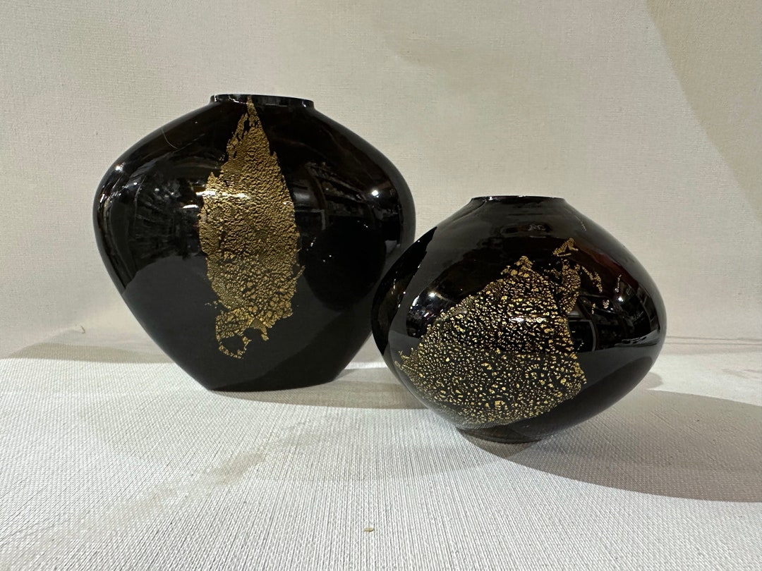 Balos, Mouth Blown Art Glass, Set of Two Black Glossy Vases With Gold ...