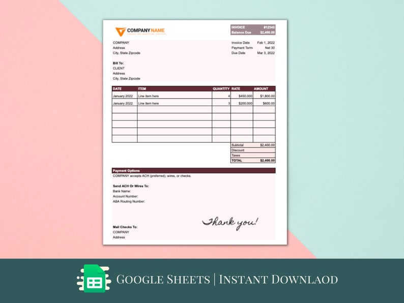 Pink Invoice Template | Invoice Template Google Sheets | Printable ...