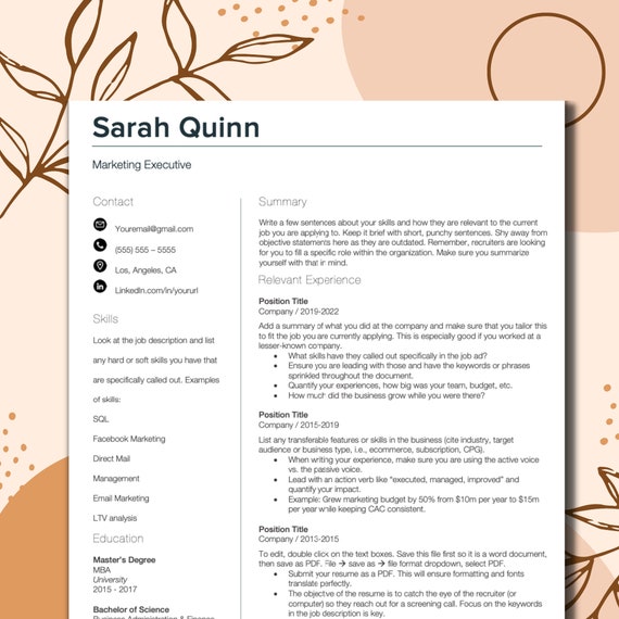 Simple Black and White Resume Template - Etsy