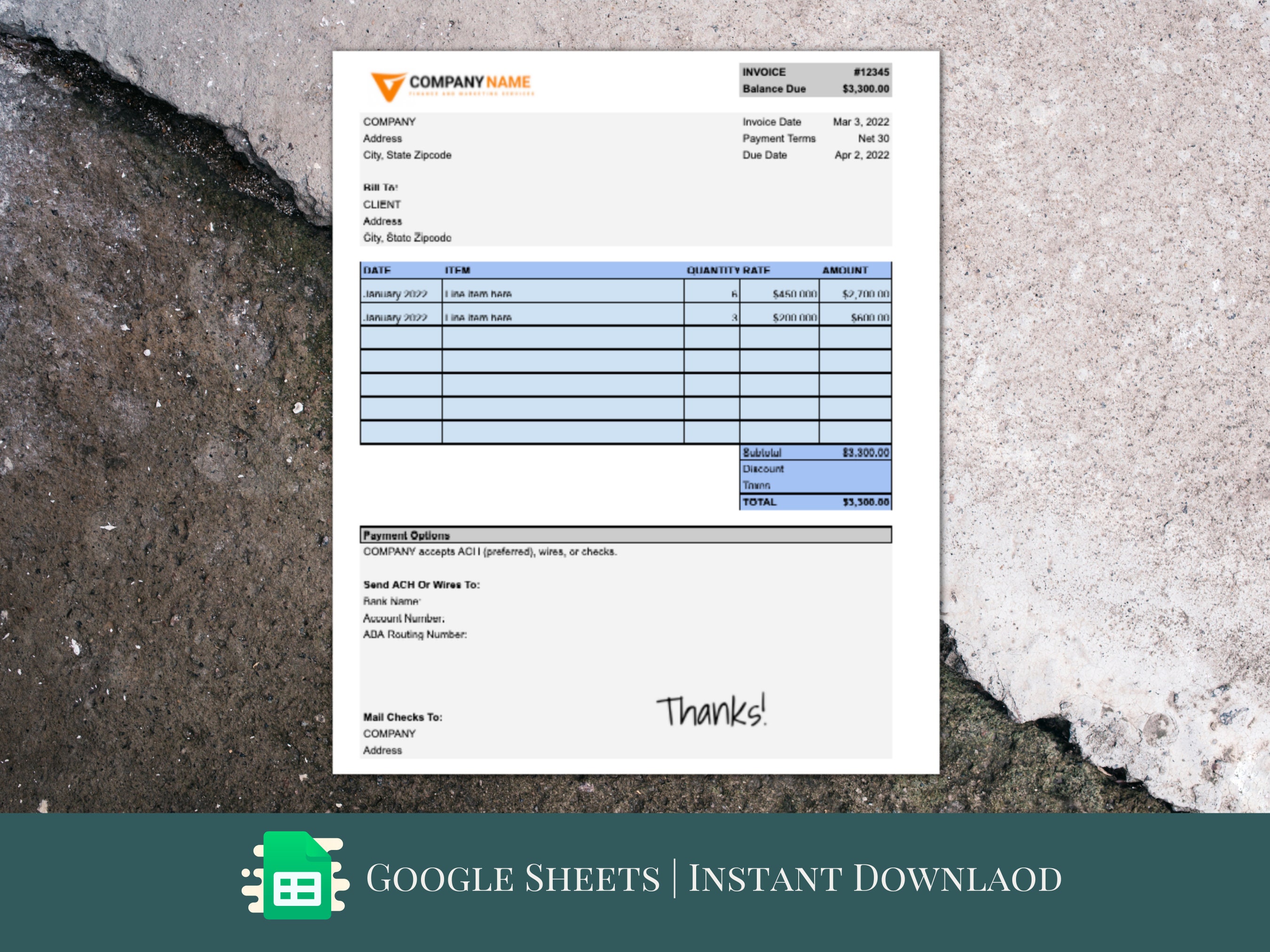 Blue Invoice Template | Invoice Template Google Sheets | Printable ...